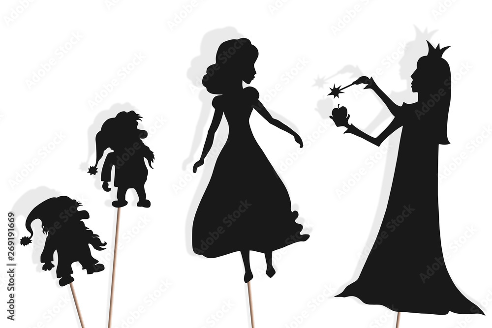 Shadow puppets of Snow White, dwarfs and Evil Queen Stock Photo | Adobe ...