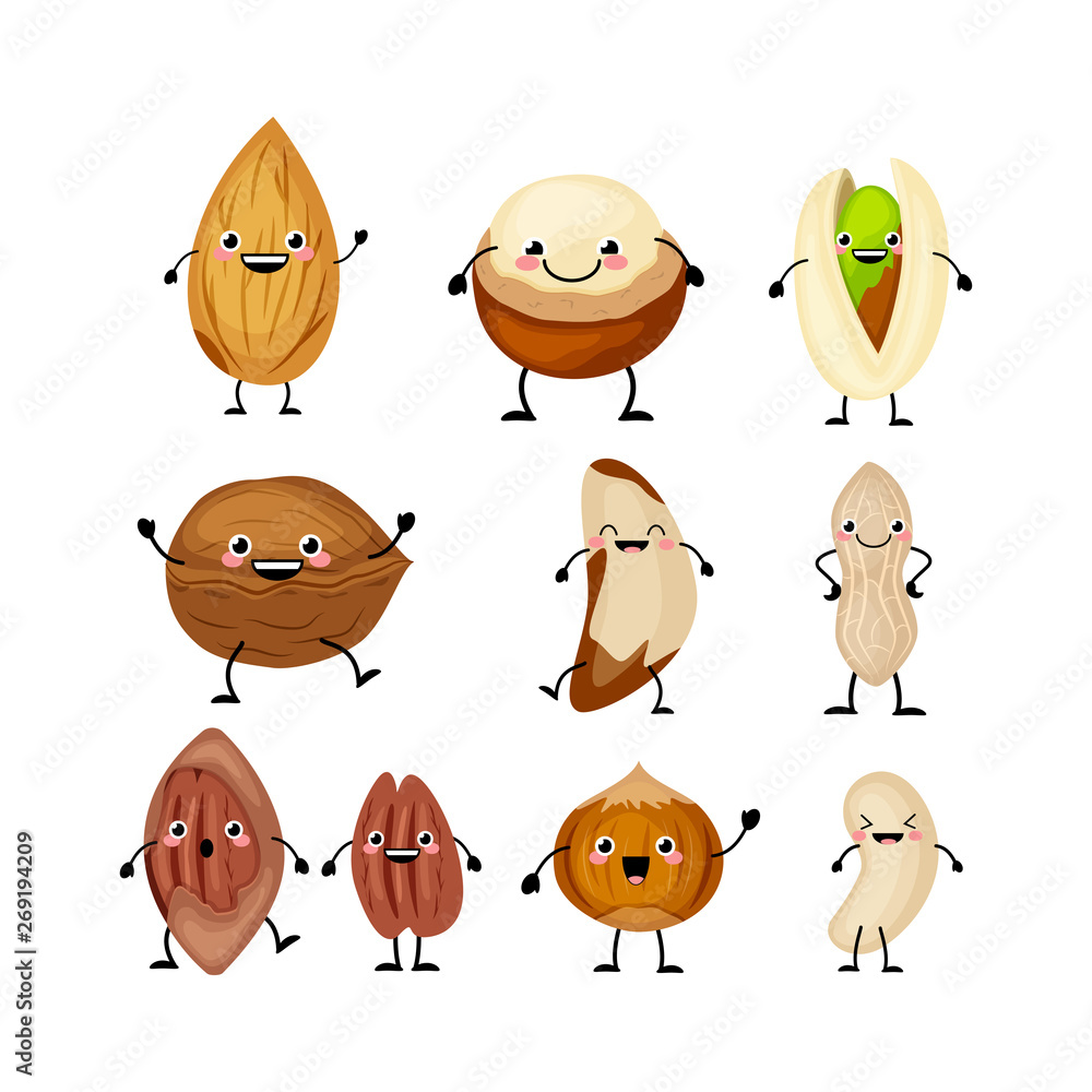 Set of different cartoon nuts vector illustration isolated on white ...