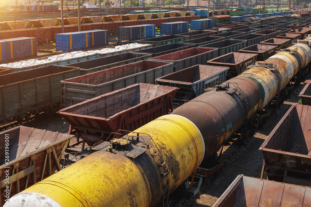 Freight trains on city cargo terminal. Railways in train parking. Arain ...