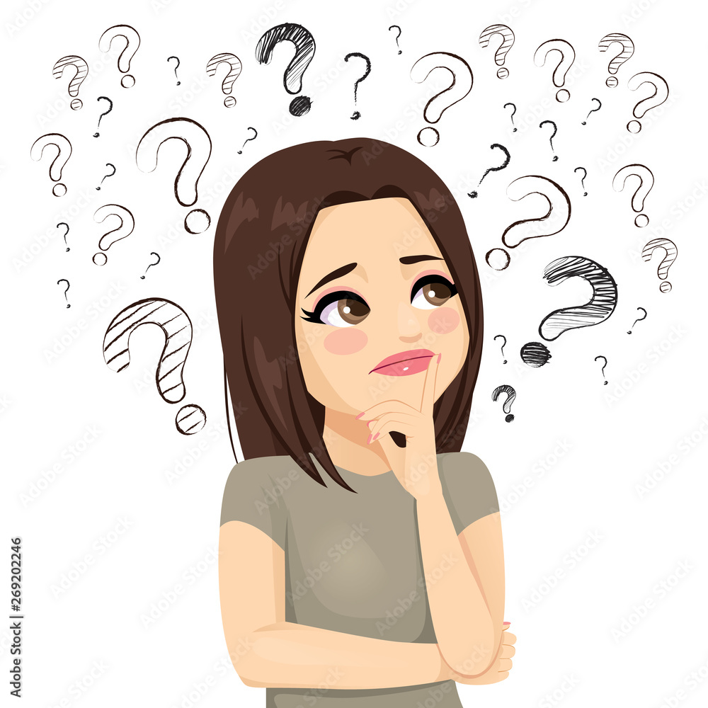 Sad teenager girl confused thinking with lots of question mark signs ...