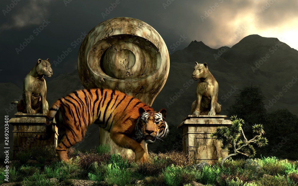 An angry looking tiger arches it's back and snarls at the viewer ...