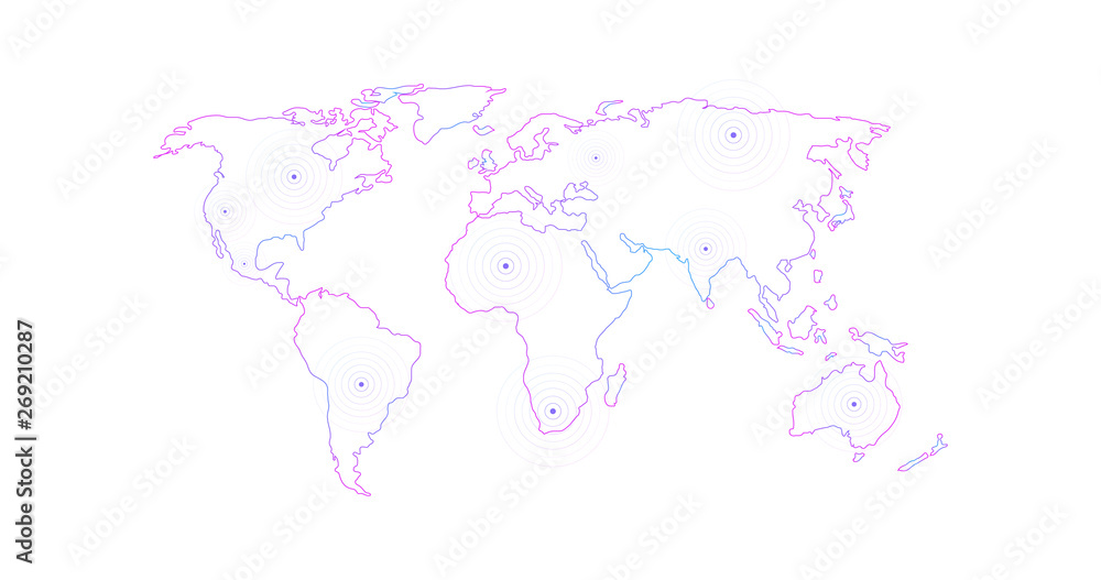 Vector Linear World Map with location radial marker, editable stroke ...
