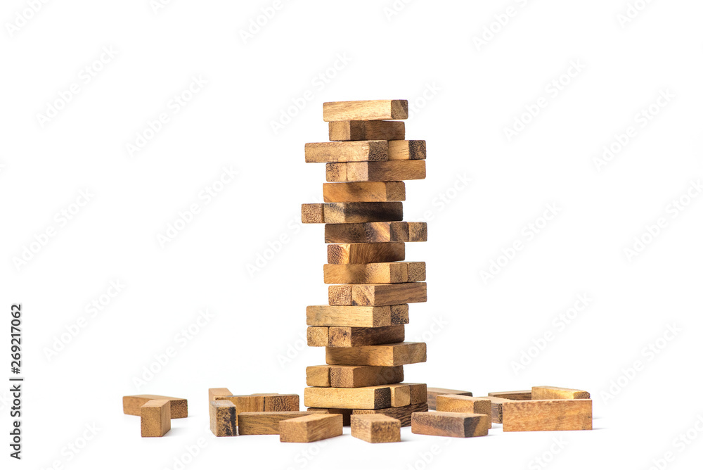 Poster Jenga game, The tower from wooden blocks from the top view ...