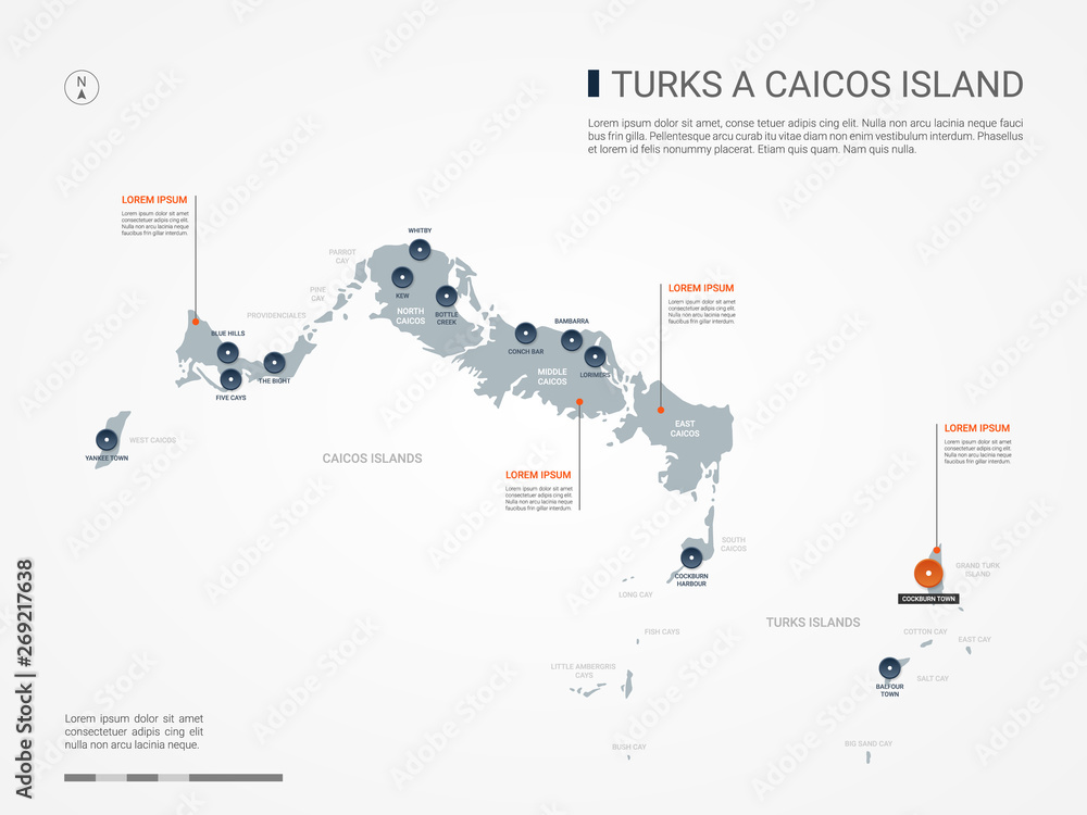 Turks and Caicos map with borders, cities, capital and administrative ...