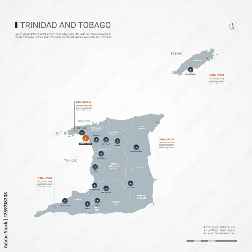 Trinidad and Tobago map with borders, cities, capital and ...