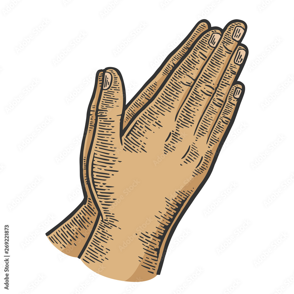Prayer hands gesture color sketch line art engraving vector ...