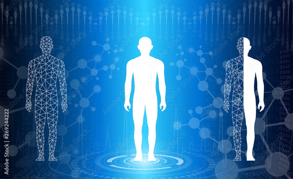 abstract background technology concept in blue light,brain and human ...