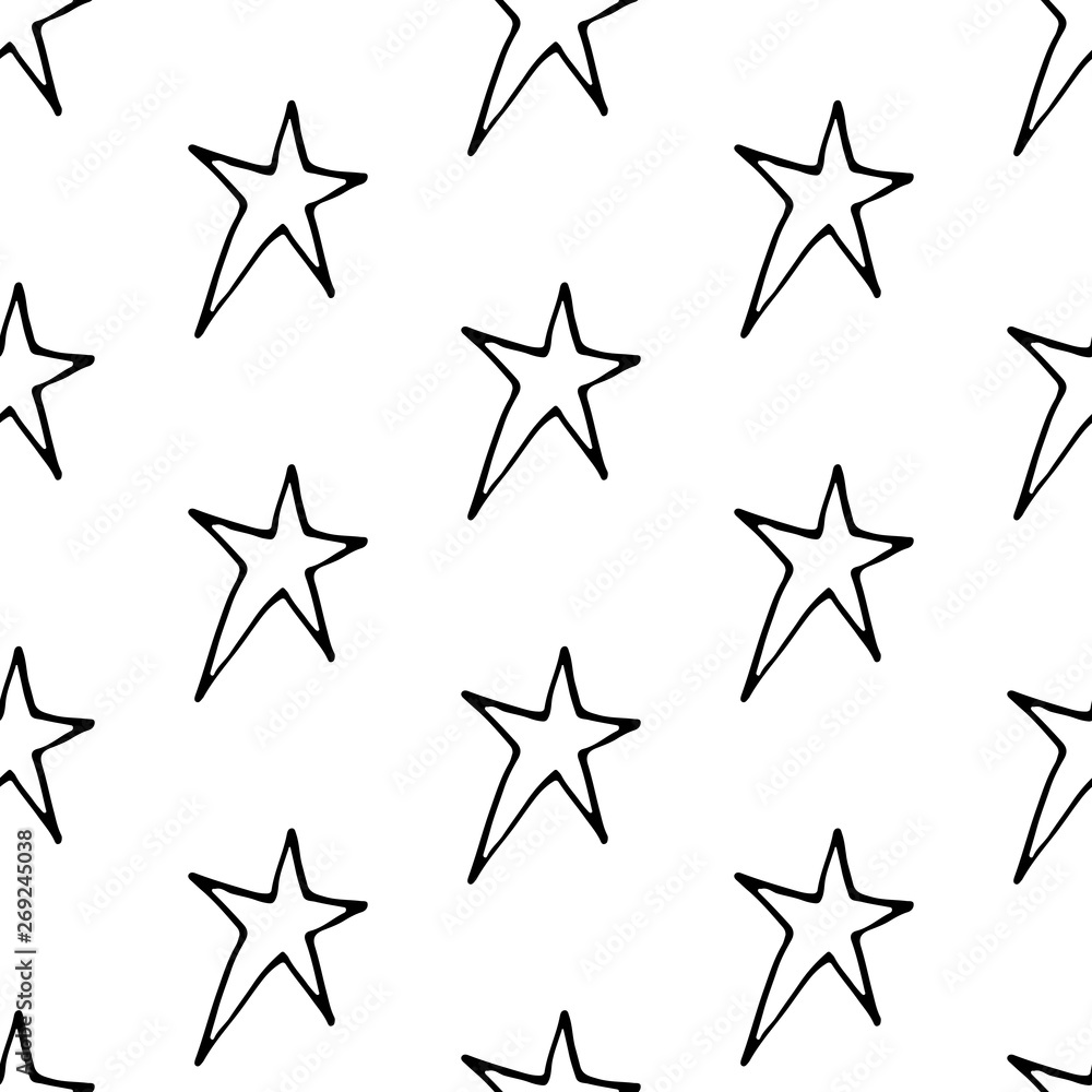Cute cartoon star pattern with hand drawn stars. Sweet vector black and ...