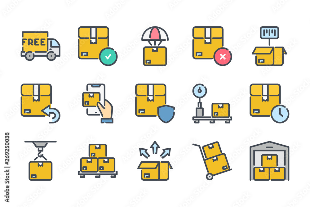 Delivery related color line icon set. Shipping colorful linear icons ...