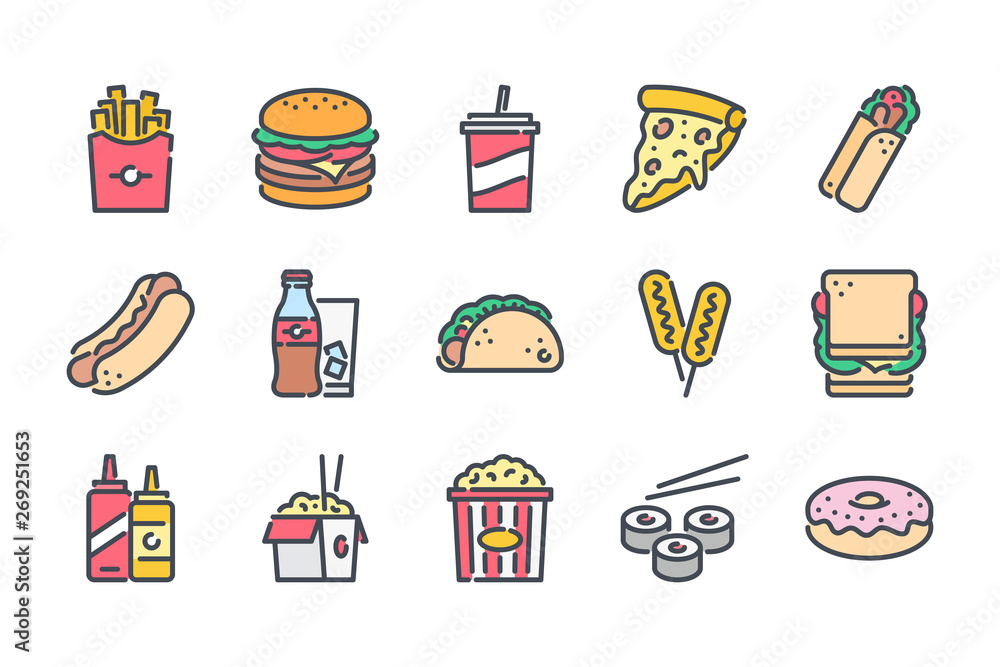 Fast food related color line icon set. Street food colorful linear ...