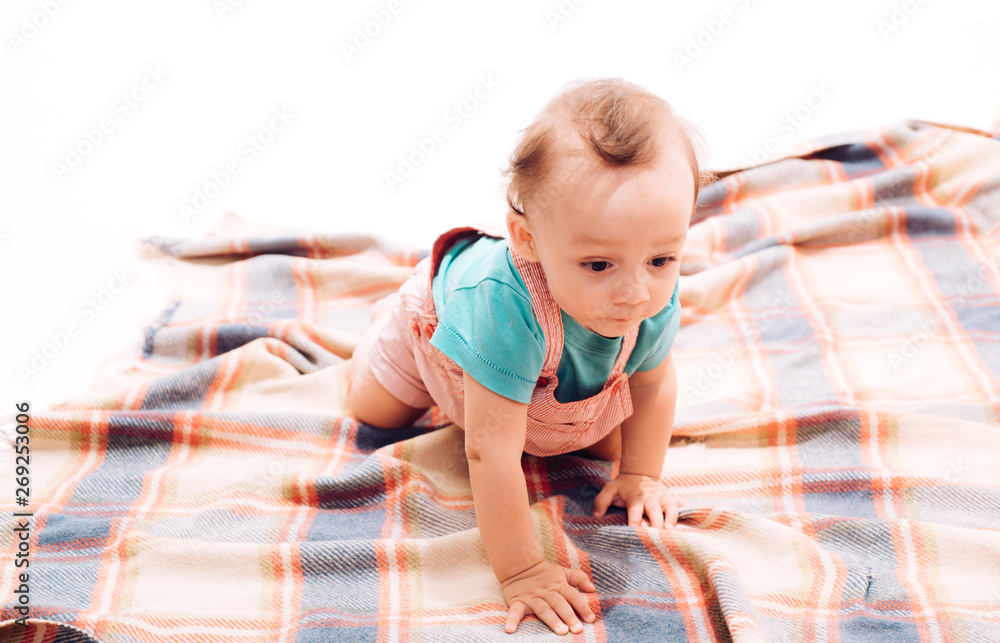 A crawling child. Adorable small baby. Cute baby crawl on floor ...