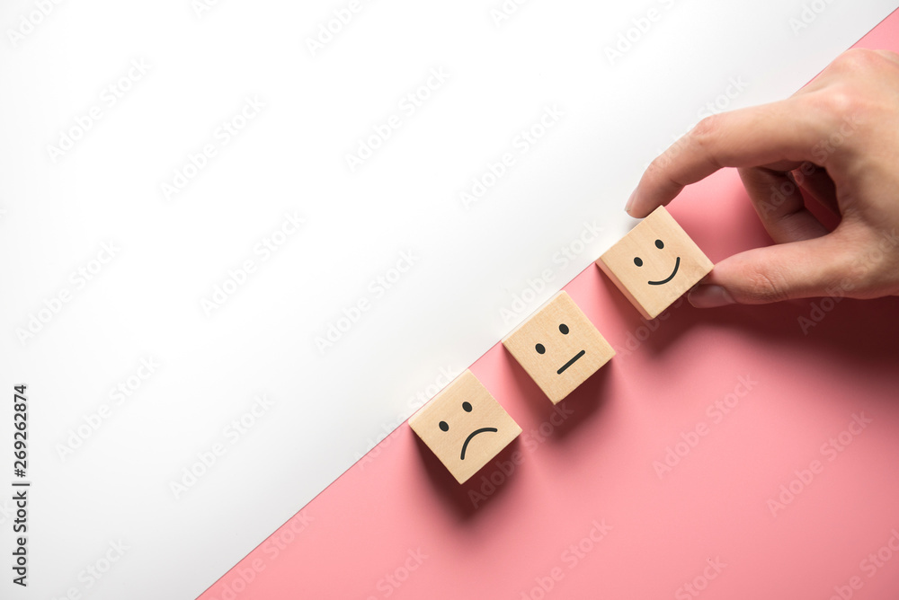 Customer showing rating with happy icon on pink background, Customer ...