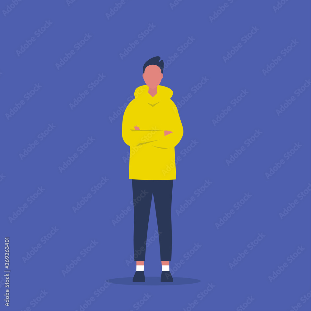 Young character standing with arms crossed. Body language. Passive ...