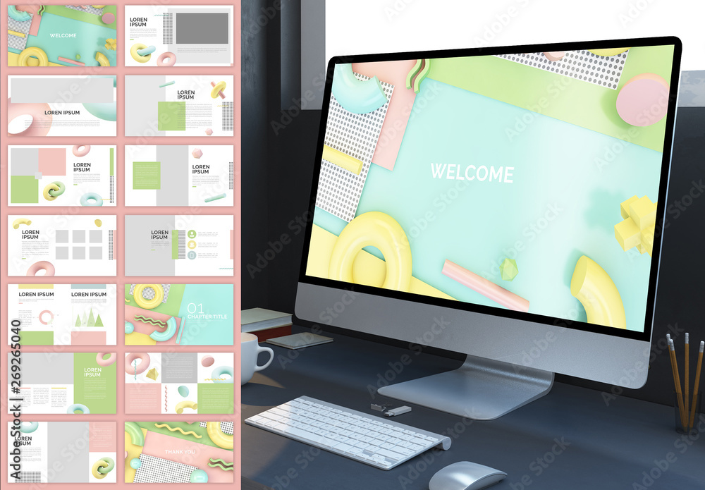 Screen Presentation Layout with Retro Pastel 3D Geometric Elements ...