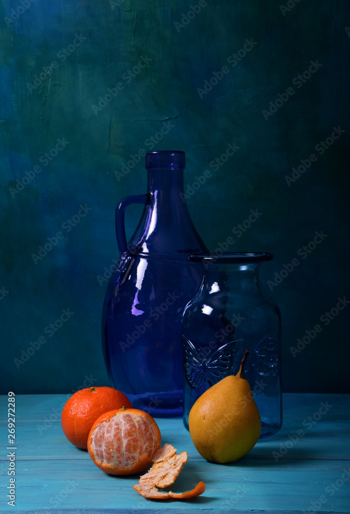 Still life with a purple vase and fruit Stock Photo | Adobe Stock