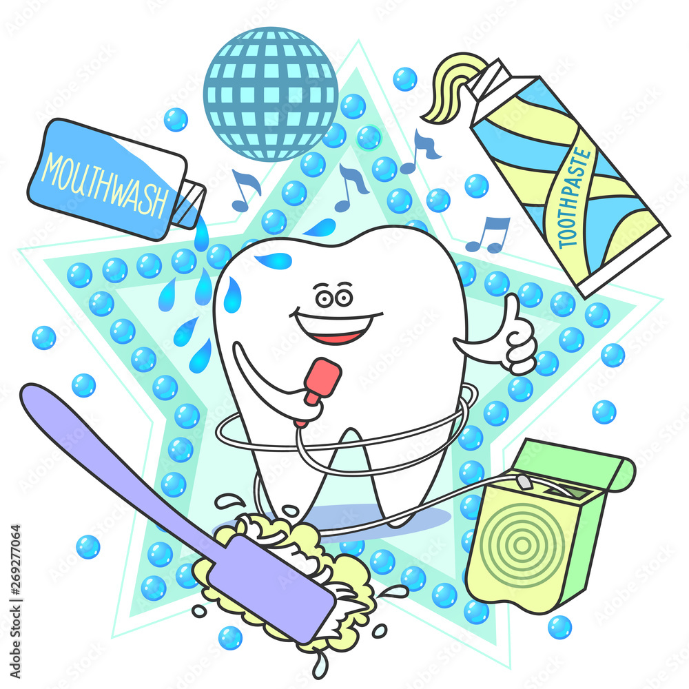 Cartoon tooth with a toothbrush, toothpaste, floss and mouthwash. Stock ...