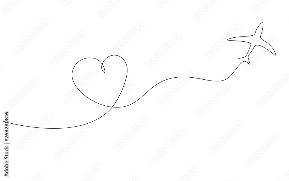Airplane with heart in sky one line drawing sketch vector illustration ...