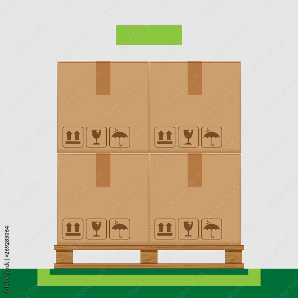 crate boxes on wooded pallet and green marking area for products ...