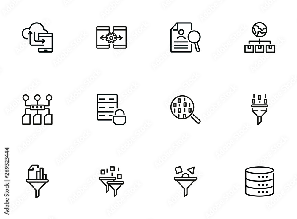 Data management line icon set. Binary code, structure, storage, filter ...