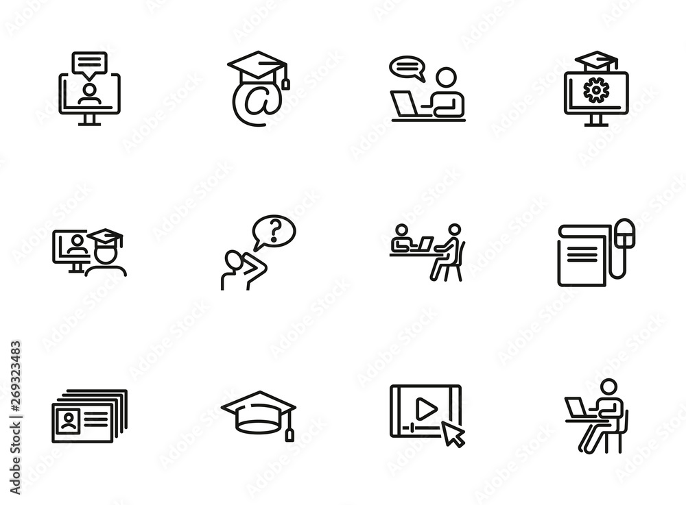Graduation line icon set. Student, hat, computer. Education concept ...