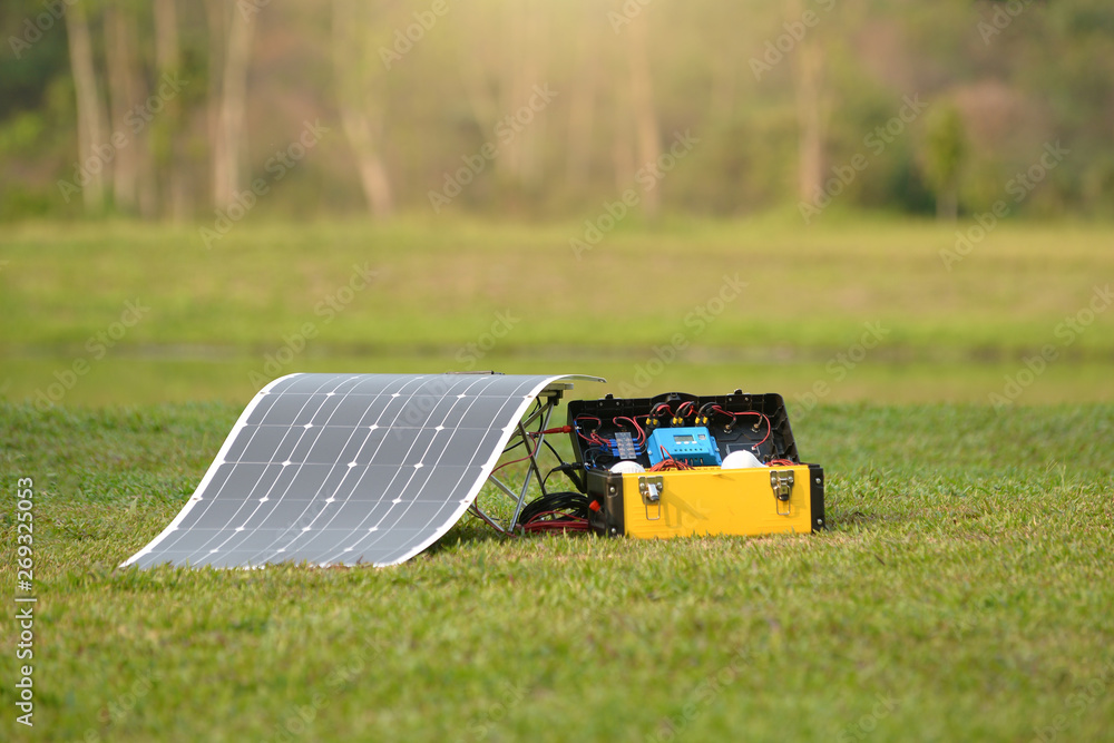 Camping, Power Box Battery Camping, Flexible solar panels Stock Photo ...