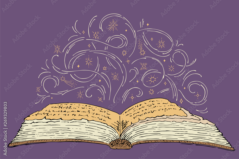 Magic old book. Vector sketch of an open book with curls and stars ...