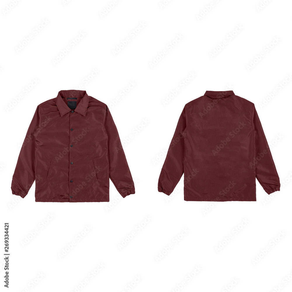 Blank plain windbreaker jacket maroon color front and back side view ...