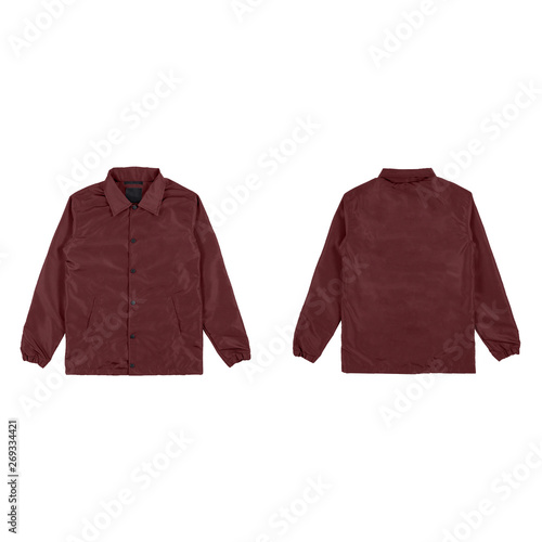 Blank plain windbreaker jacket maroon color front and back side view ...