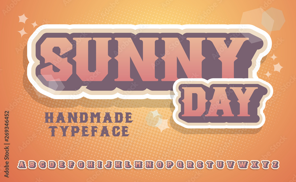 Sunny day. 3D typeface. Serif font. Shadow font. Comic style font with ...