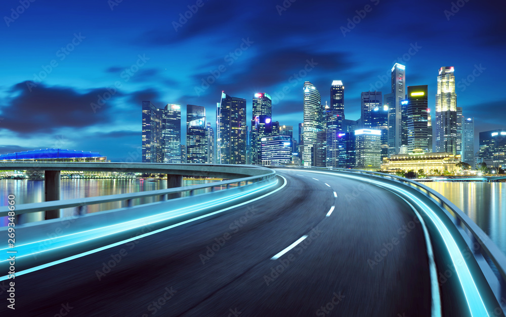 Highway overpass modern Singapore city skyline background . Night scene . ภาพถ่ายสต็อก | Adobe Stock