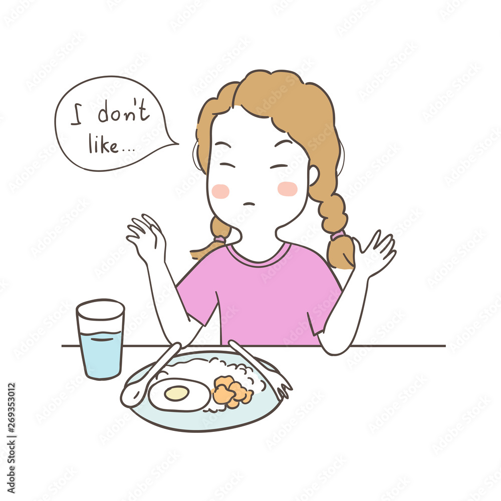 Draw a girl boring, don't want to eat food. Stock Vector | Adobe Stock