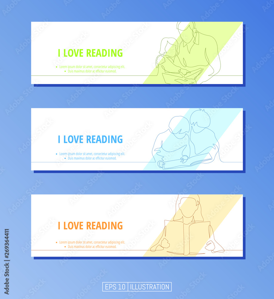 Set of banners. Continuous line drawing of reading people. Editable ...
