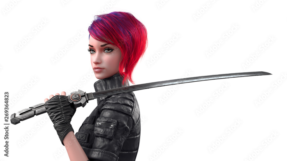 Portrait of a young beautiful cyberpunk girl looking at the camera and ...