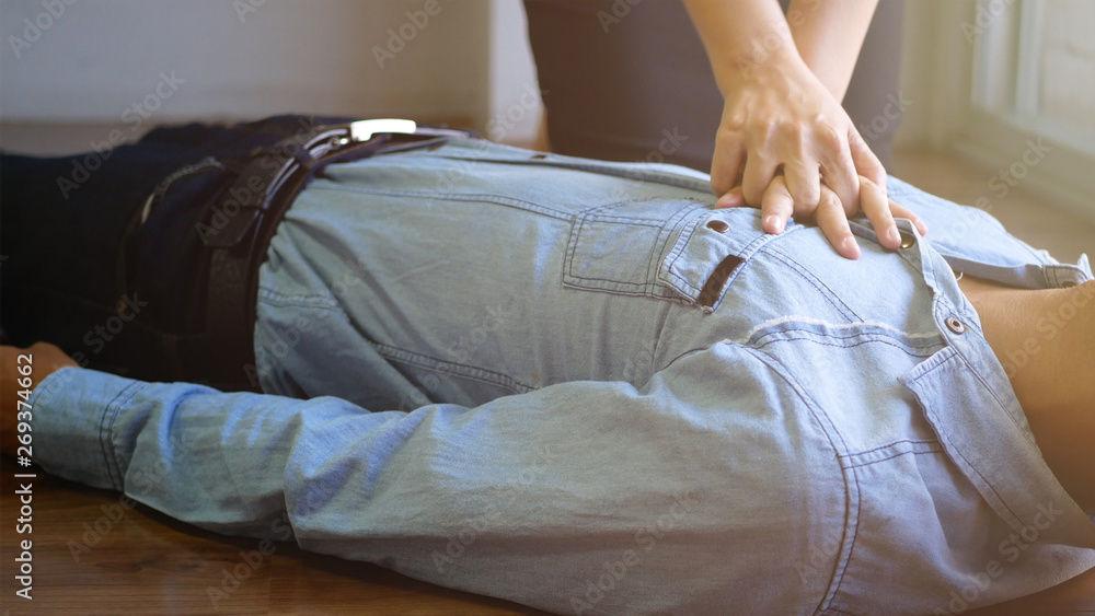 emergency CPR on a man with heart attack recurrent, use hand pump on ...