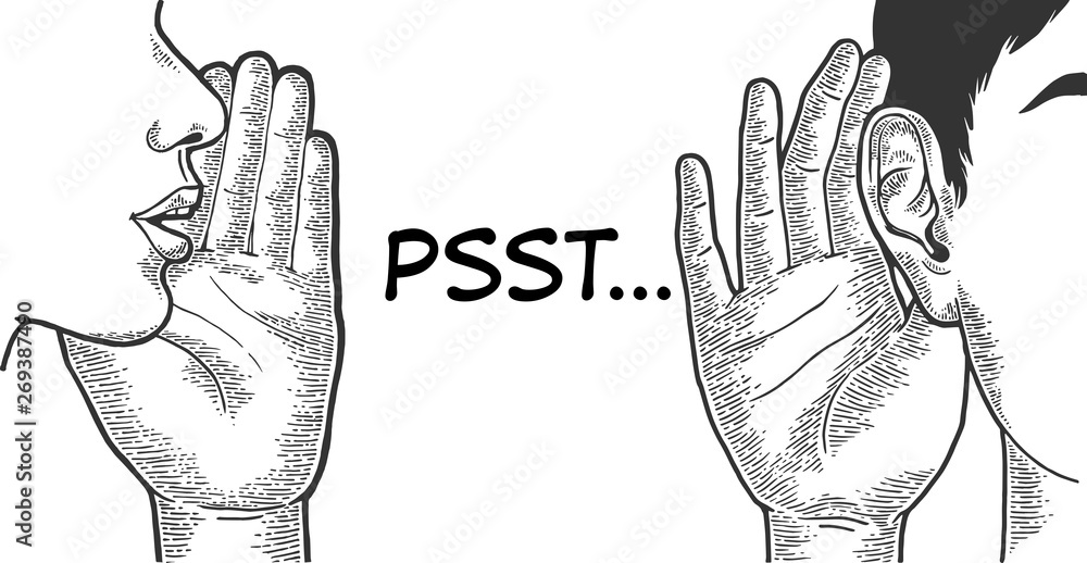 Whisper with hand near mouth to ear sketch line art engraving vector ...