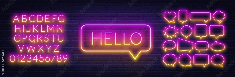 Neon sign of word hello in speech bubble frame on dark background.Set ...
