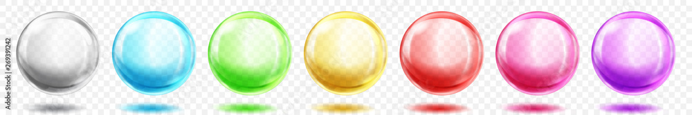 Set of translucent colored spheres with shadows on transparent ...