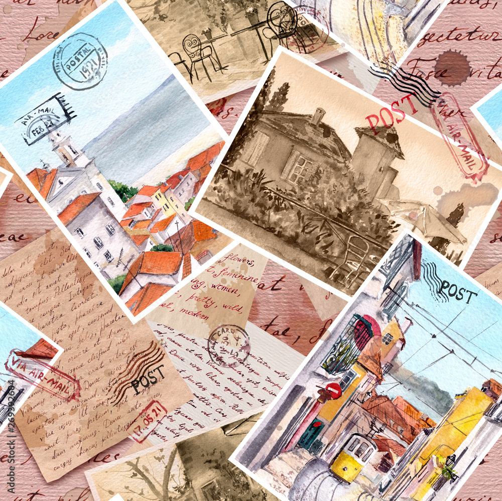 Hand written letters, vintage photo, travel post cards, postal stamps ...