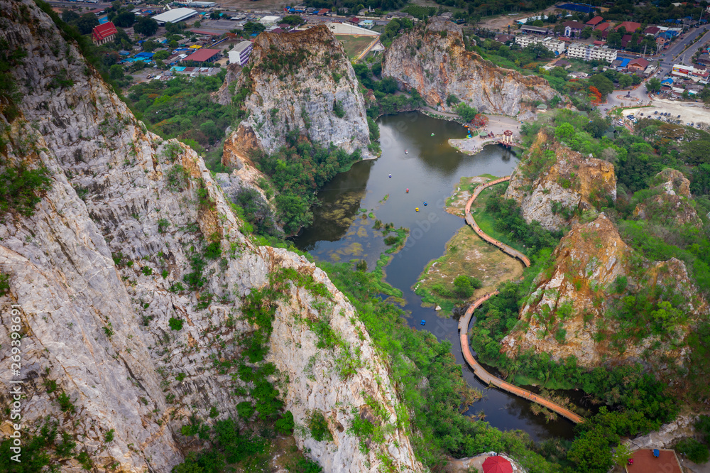 aerial over view khao ngoo mountain rock or snake mountain rock are ...