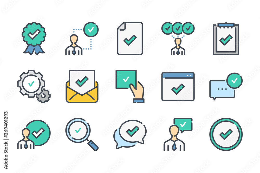 Acceptance and Quality related color line icon set. Approve and check ...
