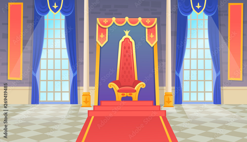 Vector castle hall with a king throne and windows. Сartoon illustration ...