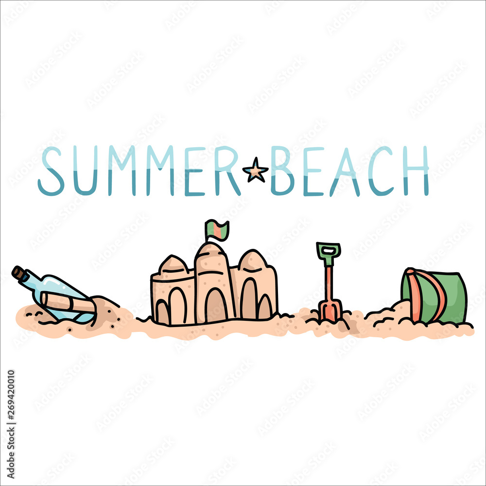Cute summer beach day cartoon vector illustration motif set. Hand drawn ...