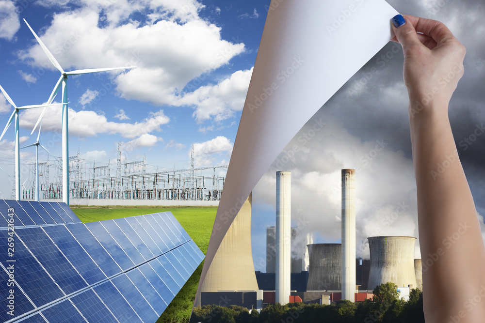 Pollution versus green environment renewable energy concept Stock Photo ...