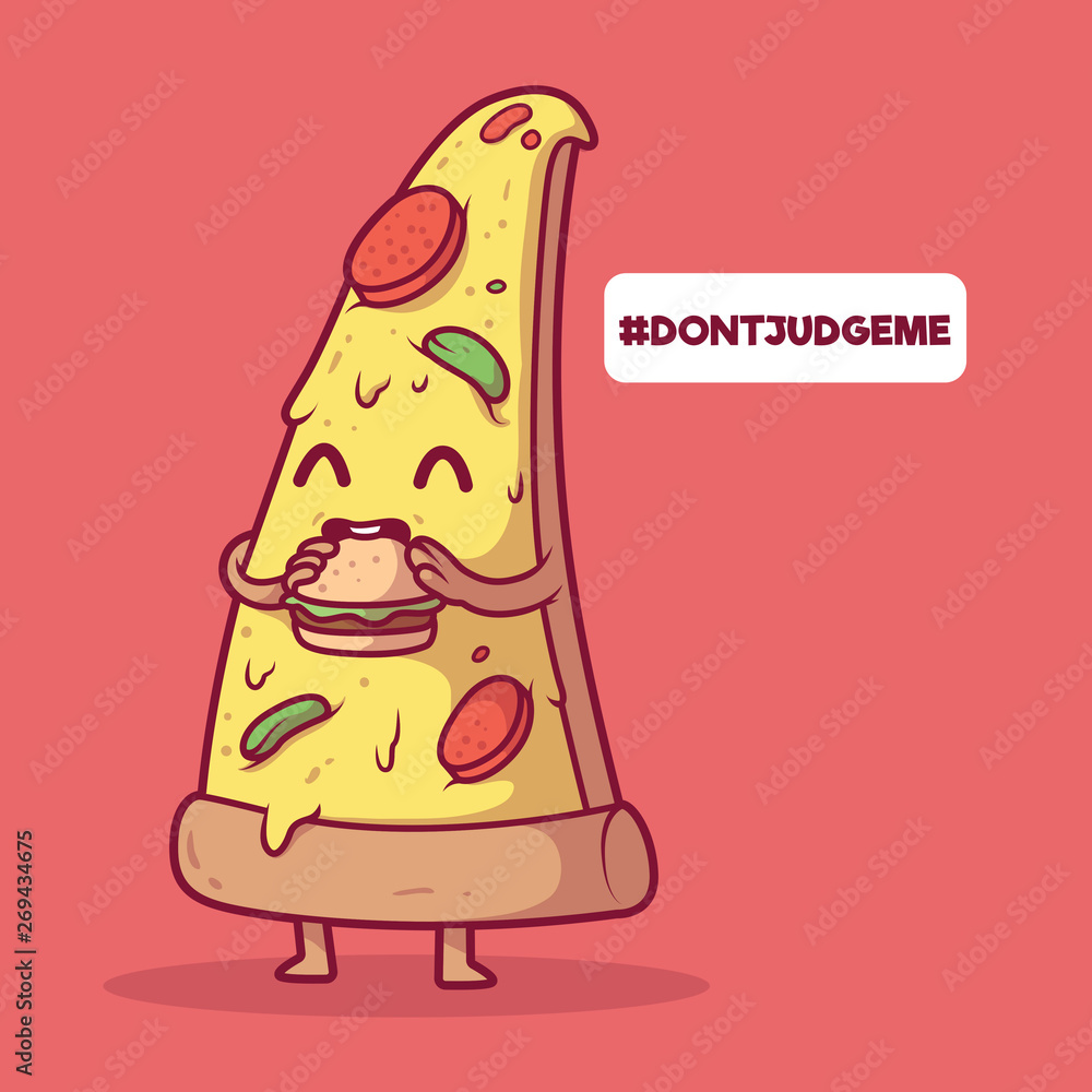Pizza character eating a burger vector illustration. Fast food, sharing ...