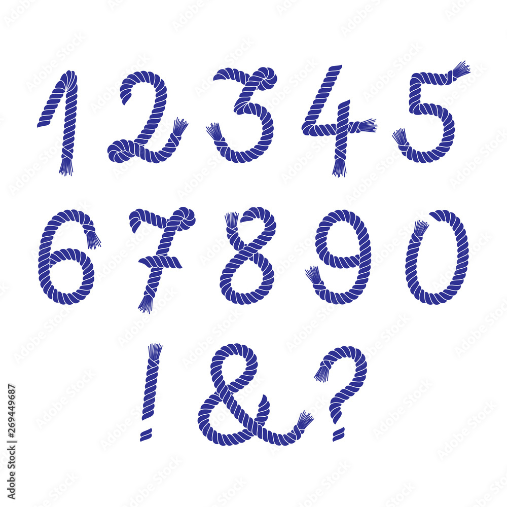 Sea style rope-characters numbers, nautical decorative font. Vector ...