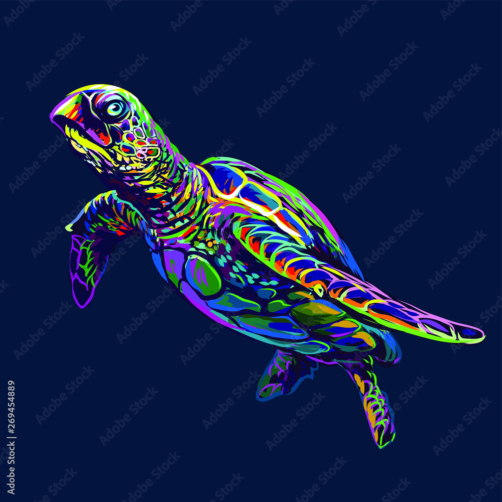 Sea turtle. Abstract, artistic, neon drawing of a sea turtle on a dark ...