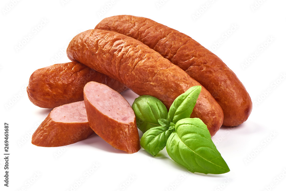 German traditional smoked sausages with basil leaves, dry meat, close ...