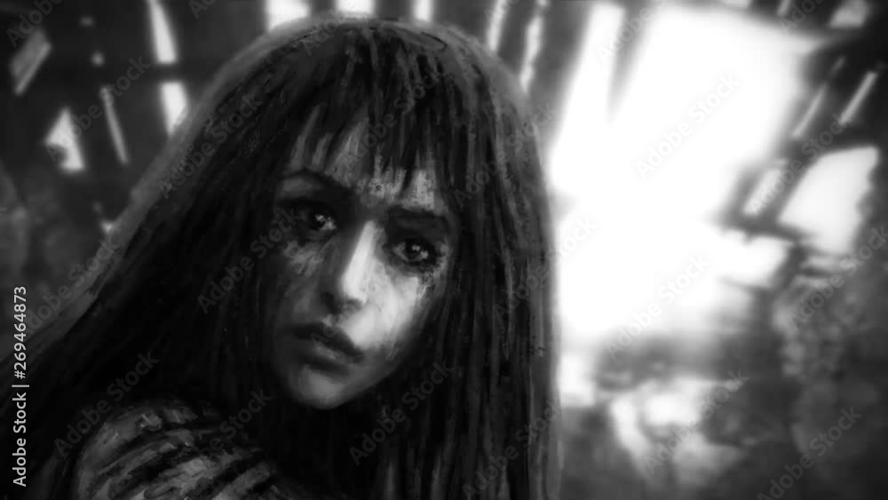 Prisoner witch girl in dungeon turns head and looks at camera. Glitch ...