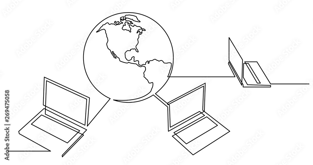 continuous line drawing of laptop computers connected to the world ...