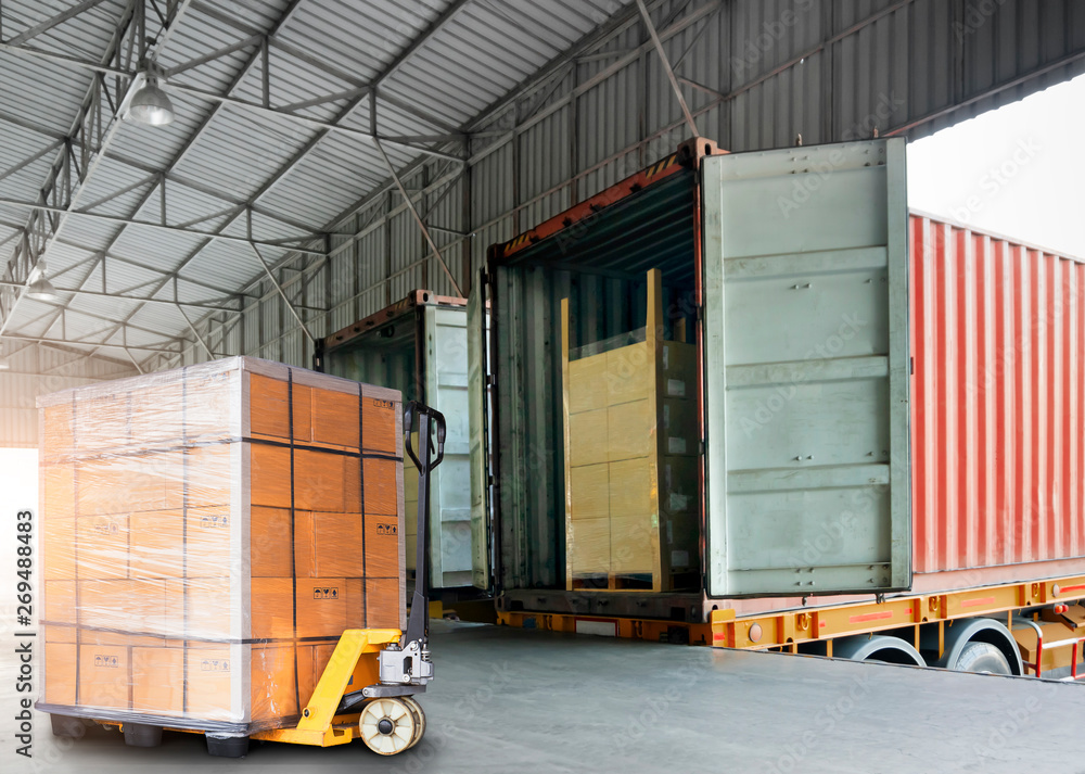 Packaging Boxes Stacked on Pallets Loading into Shipping Cargo ...